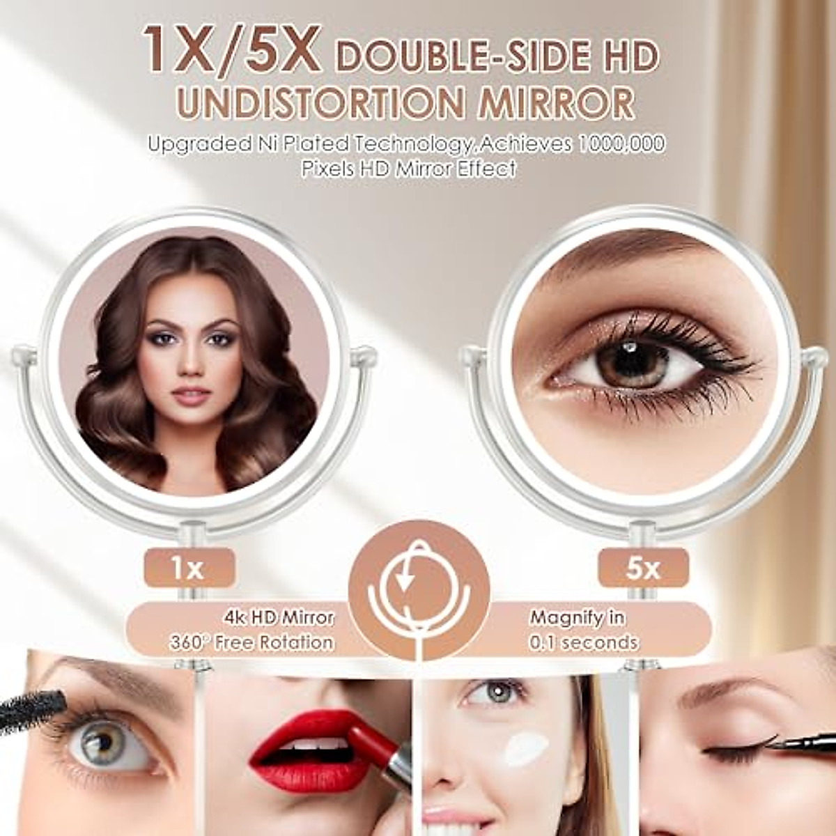 VESAUR 10" Extra Large and 17" Tall Lighted Makeup Mirror, 1X/5X Magnifying Vanity Mirror with 3 Colors Dimmable, 62 Premium LED Lights, 360° Rotation Table Mirror 2 Power Supply, Pearl Nickel