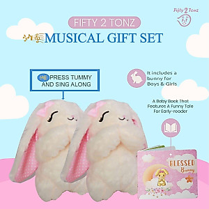 Musical 6pc Gift Set- Baptism Gifts for Girls. Christening / Dedication Gift Set Includes 6pc Musical Praying Bunny Plush Toy, Baby Prayer Storybook, Story Characters Stickers, Card and Keepsake Box