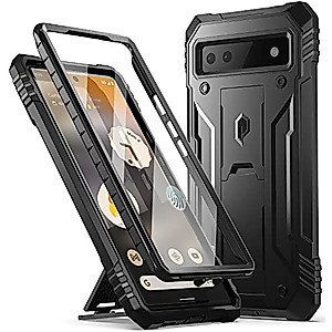 Poetic Revolution Series Case Compatible with Pixel 6A 5G, Built-in Screen Protector Work with Fingerprint ID, Full Body Rugged Shockproof Protective Cover Case with Kickstand, Black