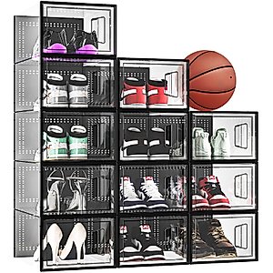 Skylook X-Large 12 Pack Shoe Organizer,Stackable Ultra Transparent Plastic Shoe Box for Closet,Durable Shoe Storage,Substitute shoe rack Fit for Women/Men High-top shoes(13.4”x 10.1”x 6.9”)