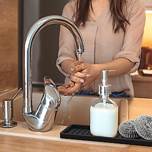 ZAPPOWARE Silicone Kitchen Sink Caddy Sponge Holder 12"x4.7", Black - Bathroom Vanity Tray Organizer, Soap Tray for Dish Scrubber, Soap Dispenser