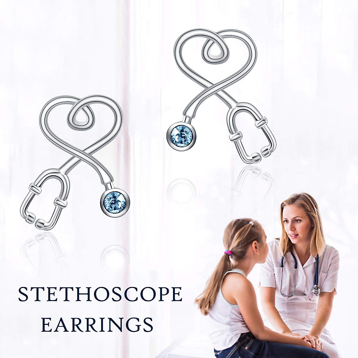 Stethoscope Earrings 925 Sterling Silver Heart Studs Earrings 12 Months Birthstone Crystals from Austria, Graduation Jewelry Gifts for Nurse Doctor RN Medical Student
