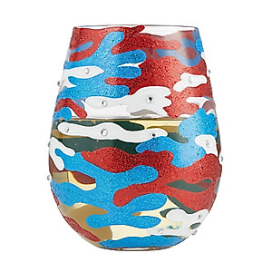 Enesco Designs by Lolita Patriotic Camoflauge Hand-Painted Artisan Stemless Wine Glass, 20 Ounce, Multicolor