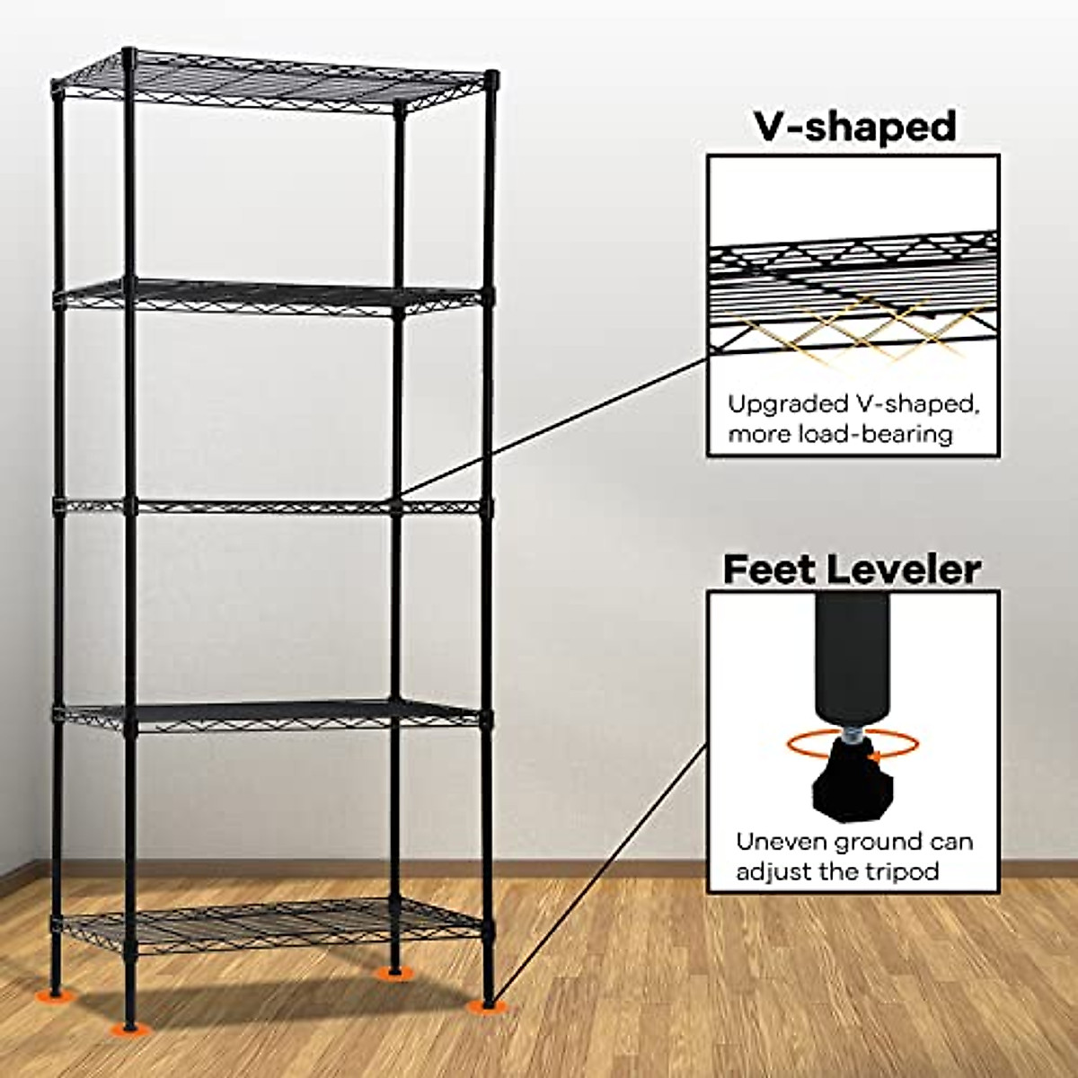 NChanmar 5-Tier Wire Shelving Unit Storage Shelves Metal Shelves 61"x24"x14" Metal Shelving Unit Heavy Duty Wire Rack Shelving NSF for Home Kitchen Bathroom Garage(Black)