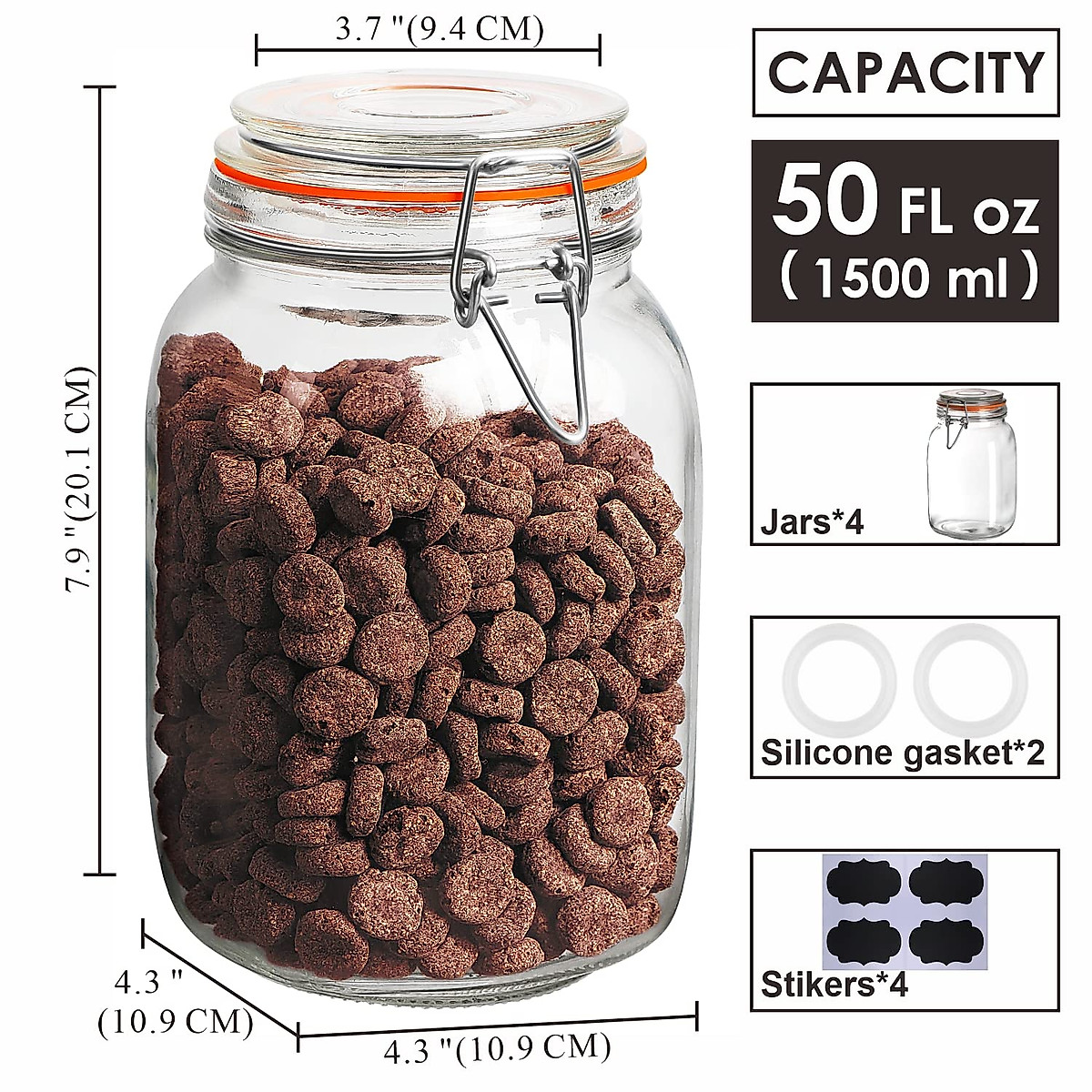 Qianfenie 50 oz Glass Jars with Airtight Lids, Wide Mouth Mason Jars with Clip Top Lids for Kitchen - Square Glass Jars with Chalkboard Labels and Replacement Silicone Gaskets, Set of 4