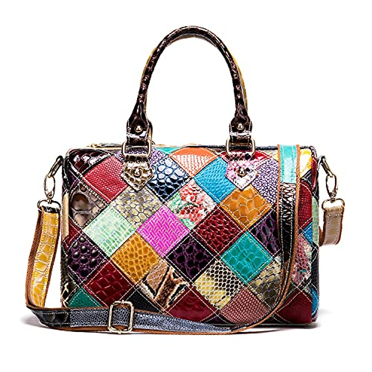 Women's Purses and Bags Multicolored, Genuine Leather Patchwork Tote Bag Large Capacity with A Detachable Shoulder Strap
