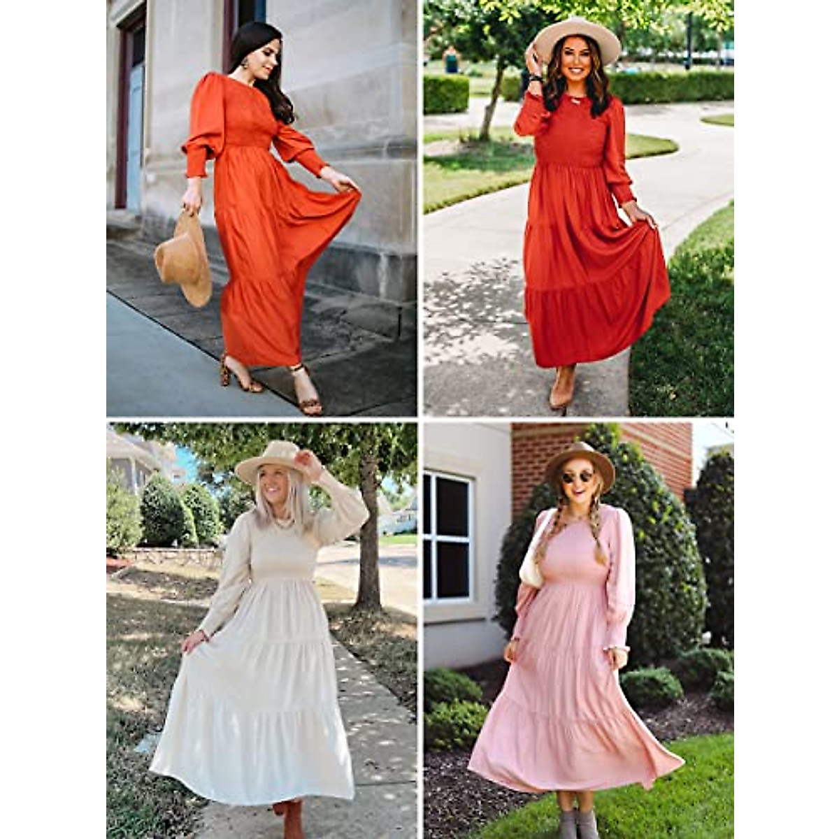 ZESICA Women's 2023 Casual Long Sleeve Crew Neck High Waist Smocked Flowy Tiered Midi Dress,Rust,Medium