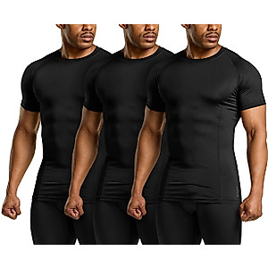 ATHLIO Men's Cool Dry Short Sleeve Compression Shirts, Sports Baselayer T-Shirts Tops, Athletic Workout Shirt, 3pack Tops Black/Black/Black, Small
