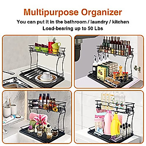 wiiAiloo Pull Out Cabinet Organizer 2 Tier Under Sink Cabinet Organizer Storage Shelf with Sliding Storage Basket for Kitchen Bathroom Laundry Room, Request at Least 11 inch Cabinet Opening