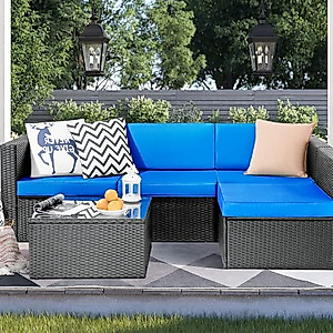 Waleaf 5 Pieces Outdoor Furniture Rattan Sectional Patio Sofa, Outdoor Indoor Backyard Porch Garden Poolside Balcony Wicker Conversation Set with Table (Dark Blue)