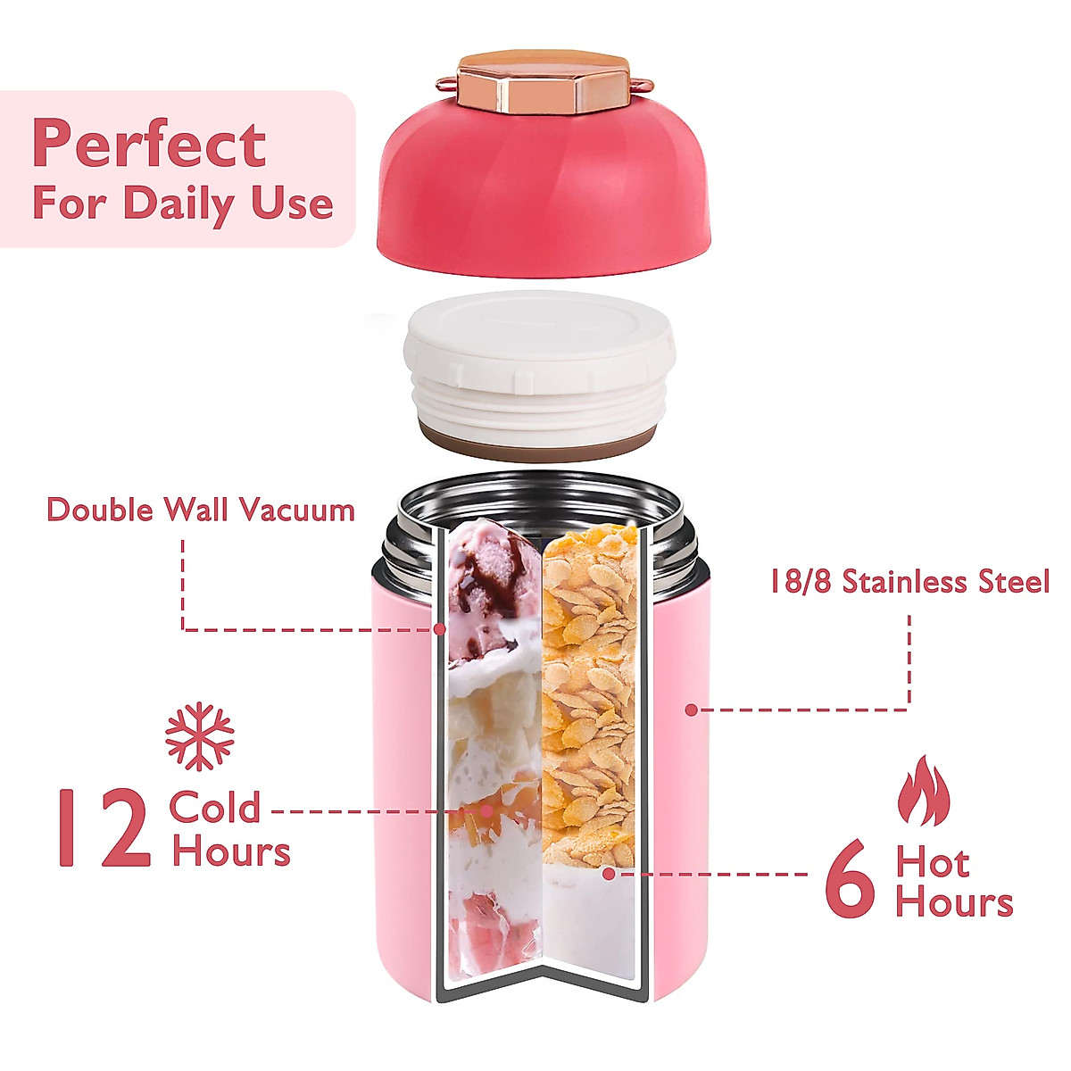 Avovy Thermos for Hot Food - 22 Oz Insulated Food Jar, Insulated Lunch Container with Bowl, Foldable Spoon& Fork, Powerful Insulated Food Thermos for School Office Camping Travel (Pink)