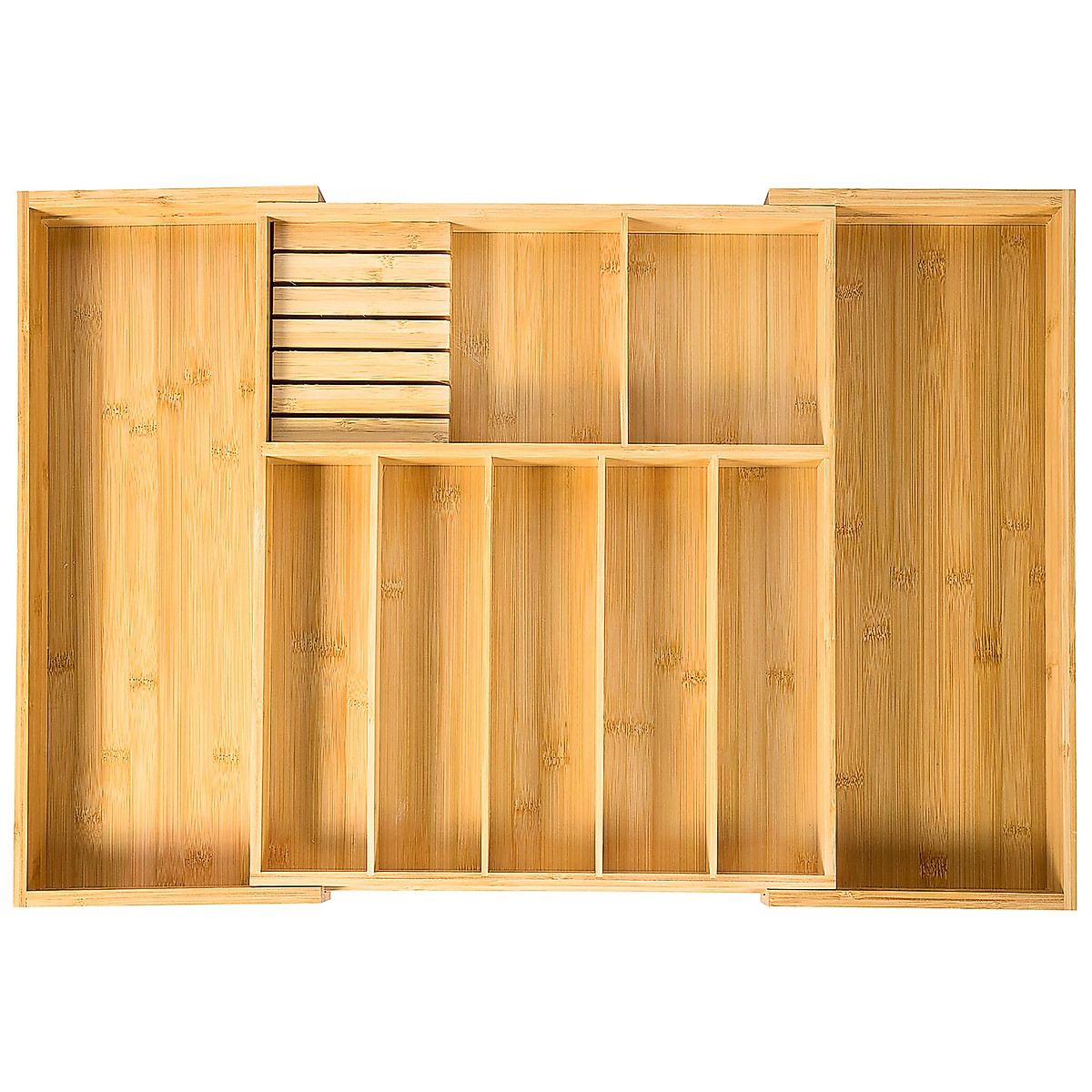 VaeFae Extra Large Kitchen Utensil Holder, Bamboo Silverware Drawer Organizer, Expandable Cutlery Organizer with Knife Block, Multifunctional Wooden Drawer Divider