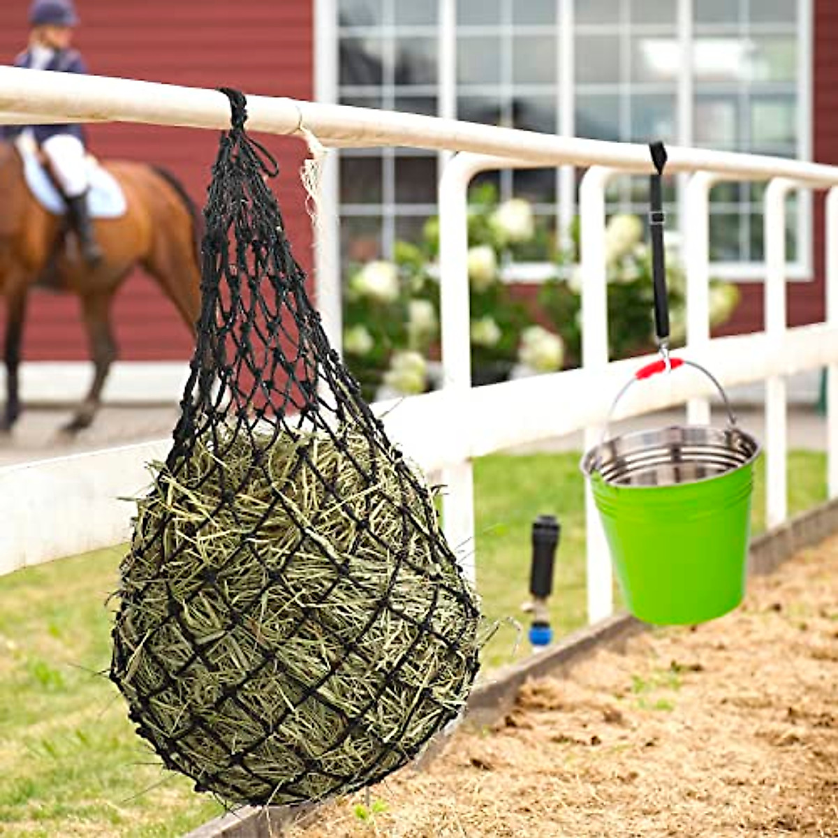 4 Pcs Slow Feed Hay Feeder for Horses, 2 x 2 Holes 40 Inch Length Goat Feed Hay Net Adjustable Nylon Hanging Strap Hay Bags for Horses Feed, Trailer and Stall, Reduce Waste, Black