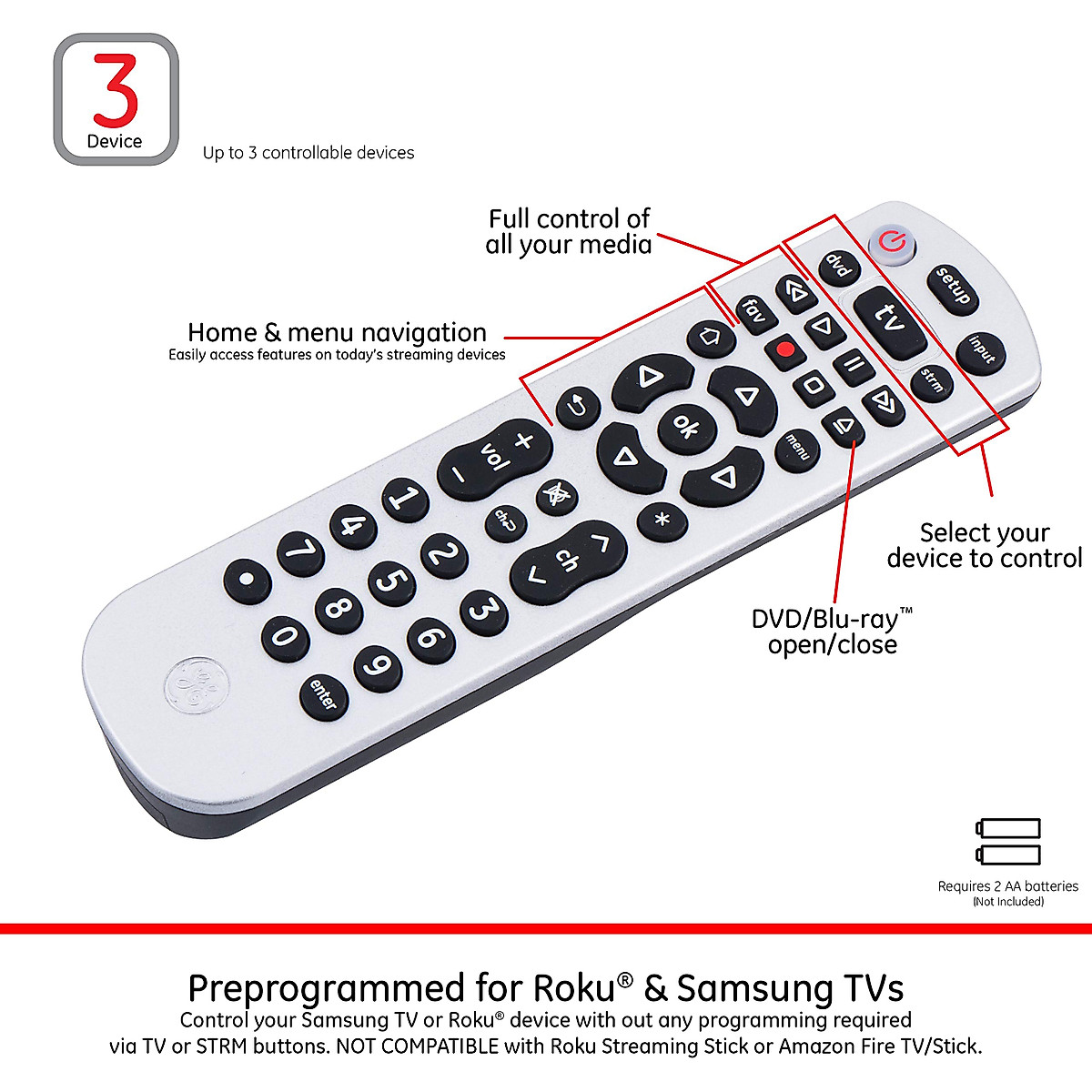 GE Universal Remote Control for Samsung, Vizio, Lg, Sony, Sharp, Roku, Apple TV, TLC, Panasonic, Smart TVs, Streaming Players, Blu-Ray, DVD, 3-Device, Silver, 34928