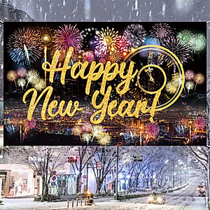 Famoby Happy New Year Fabric Sign Poster Backdrop with Fireworks for New Year Photo Booth Background Party Decoration
