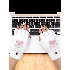 Bencailor 3 Pairs Winter Fingerless Gloves Warm Convertible Mittens Flap Cover Cat Paw Gloves for Women Cold Weather Cosplay (Dark Gray, White, Light Khaki)