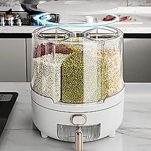 TOPINCN Rice Dispenser, Rotating Dry Food Dispenser PP Plastic Kitchen Grain Storage Container with 6 Compartments Holder for Rice and Beans (White)