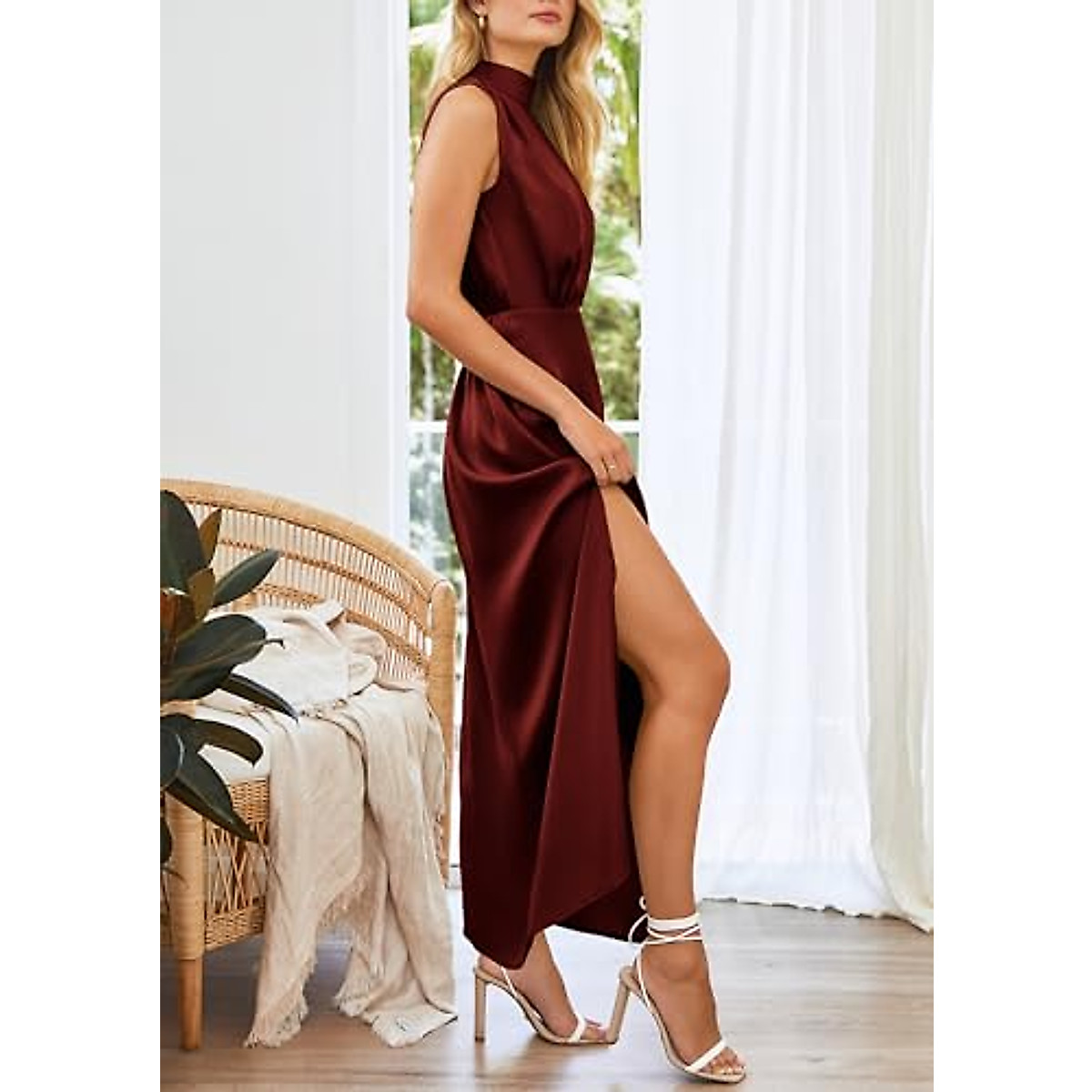 PRETTYGARDEN Women's Long Formal Satin Dress Mock Neck Sleeveless Side Slit Flowy Maxi Tank Dresses (Deep Red,Medium)