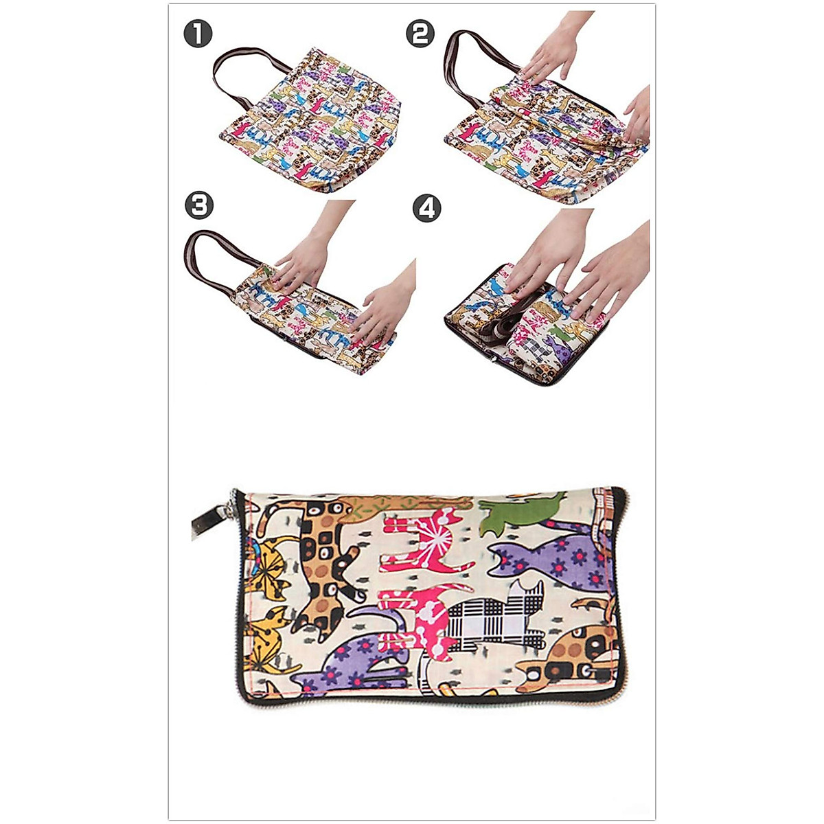 couragejoy Reusable Shopping Bags Foldable Washable Waterproof Large Grocery Bags Heavy Duty Long Handles With Zipper Attached Pouch Sturdy Daily Bags For Working Traveling(cat patern)