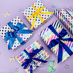 Ribbli Birthday Wrapping Paper 30 Inch Iridescent Gift Wrapping Paper 4 Rolls Happy Birthday Polka Dots Stripes Stars Printed Assortment -120 inch(10feet) Per Roll