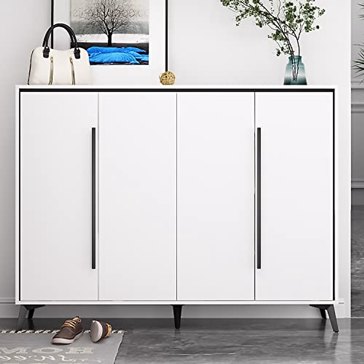 AGOTENI Shoe Cabinet with 4 Doors & 4 Tier Shelves for Entryway, Modern Shoe Storage Cabinet, Freestanding Shoe Rack Storage Organizer (55.1”W x 13.8”D x 37.4”H)