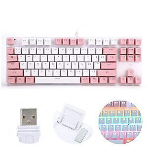 PUSOKEI Mechanical Gaming Keyboard, 87 Keys Keyboards RGB LED Rainbow Backlit Wired Keyboard, Mechinal Gaming Keyboard White+Pink, Mechanical Keyboard,Plug and Play(White)