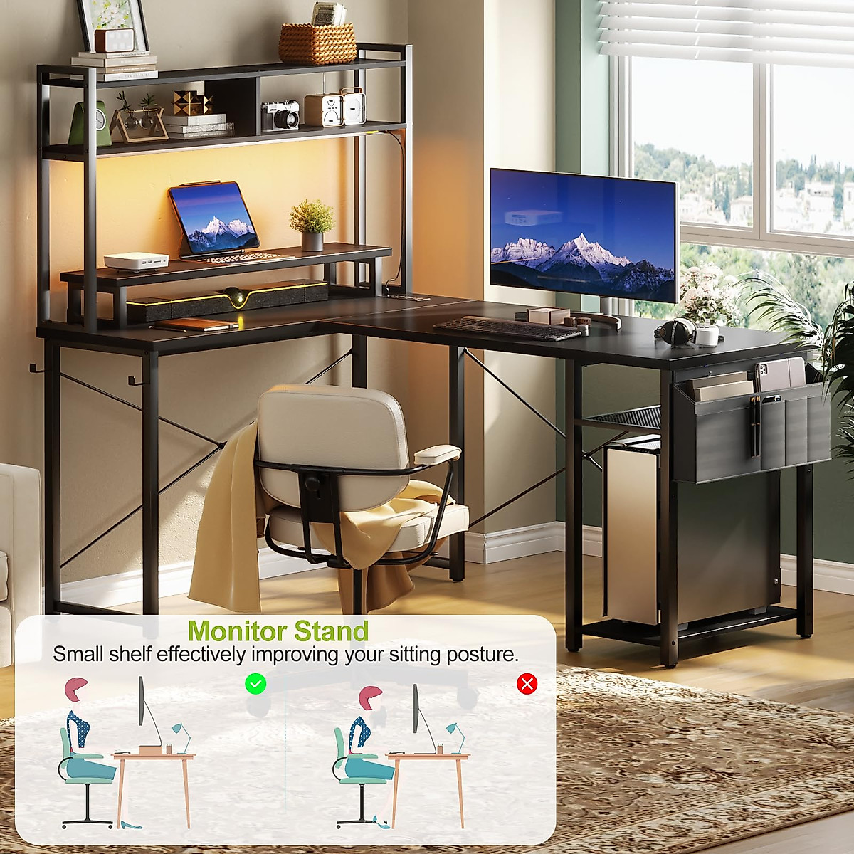 Besiost Small L Shaped Desk Gaming Desk with Power Outlets, 48" Reversible L Shaped LED Computer Desk with Monitor Stand & Storage Shelf, Corner Gamer Desk Home Office Desk with Storage Bag, Black