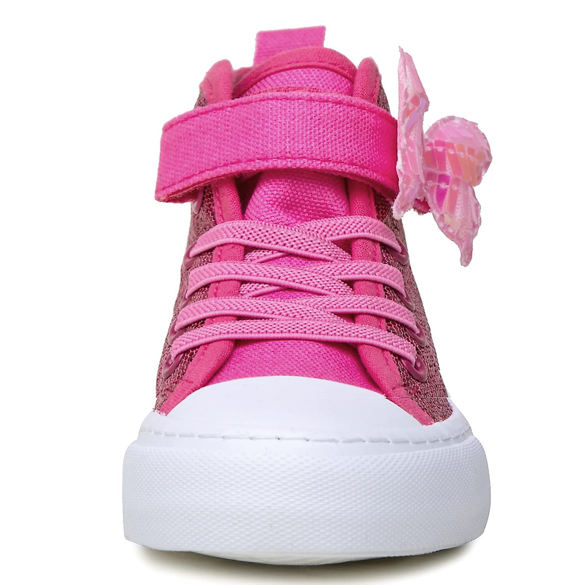 Toandon Girls Kids Sneakers Glitter Canvas Shoes Sparkle High Top Toddler Child Adjustable Hook Loop Straps Velcro Non Slip Lightweight Walking Outdoor Butterfly Pink Size 2