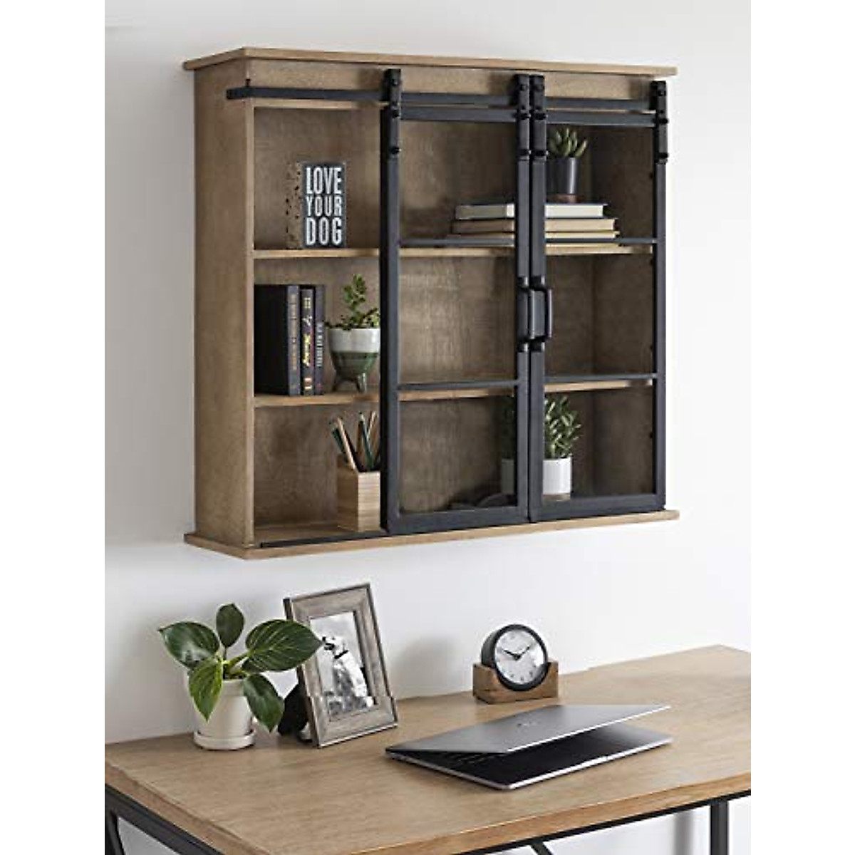 Kate and Laurel Barnhardt Decorative Wooden Wall Cabinet with Two Sliding Glass Doors, 30" x 28", Rustic Brown, Barndoor Modern Farmhouse Storage