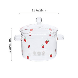 Hemoton Strawberry Pattern High Borosilicate Pot Lid Handles 64 oz Glass Noodle Ramen Pot Simmer Pot Stovetop Cooking Transparent Cookware Pasta Soup Milk Tea