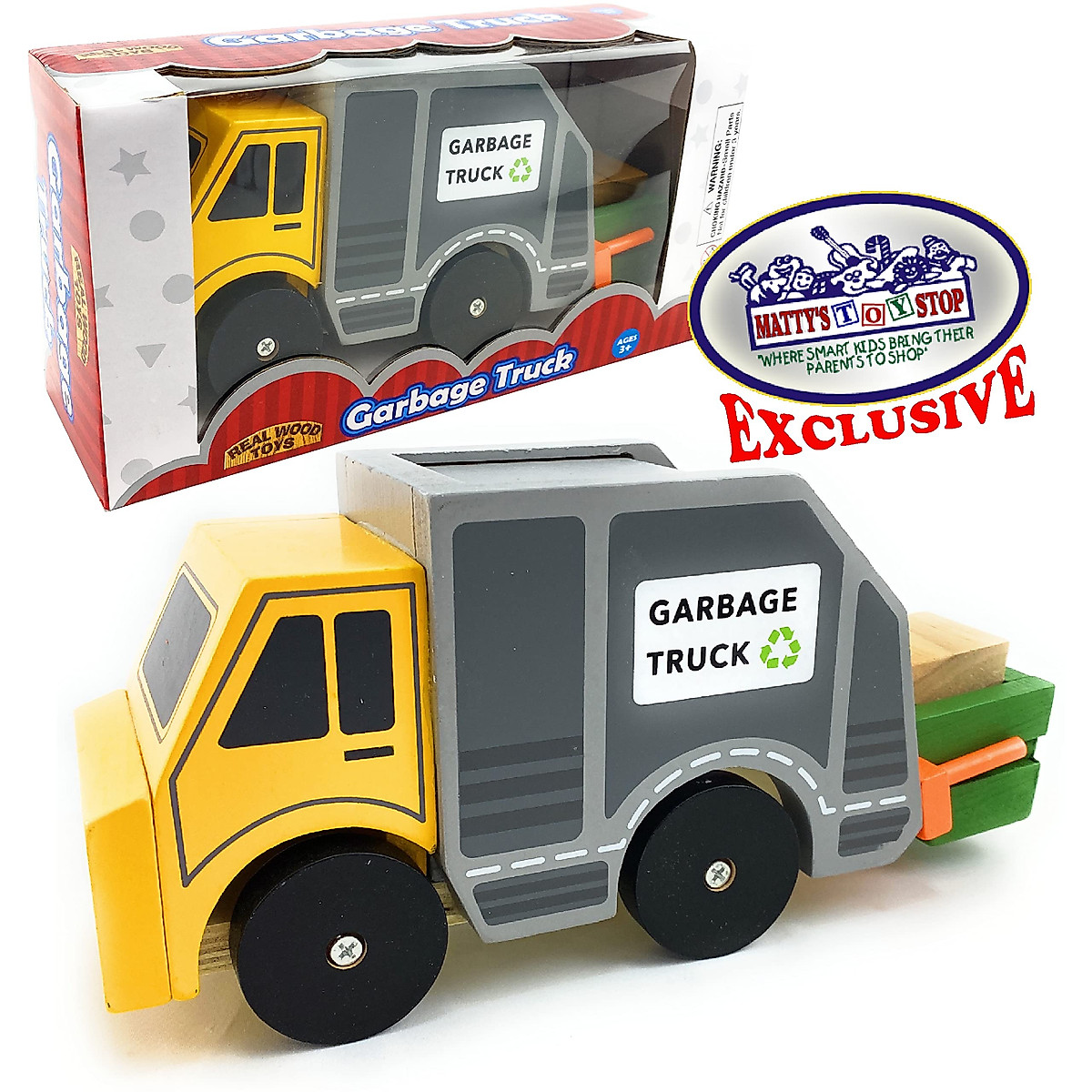 Matty's Toy Stop Deluxe Wooden Vehicle Set Featuring a School Bus (with 5 Play Figures), Fire Engine (Fire Truck) and Garbage Truck Gift Set Bundle - 3 Pack