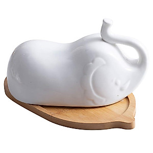 DOITOOL White Ceramic Elephant Butter Dish with Lid for Countertop or Fridge, Covered Butter Dish With Handle and Bamboo Tray, Butter Keeper for Counter