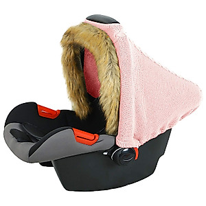 Yinuoday Baby Car Seat Cover with Faux Fur Hem Winter Knitted Stretchy Infant Stroller Cover Carseat Canopy for Boy Girl Indoor Outdoor