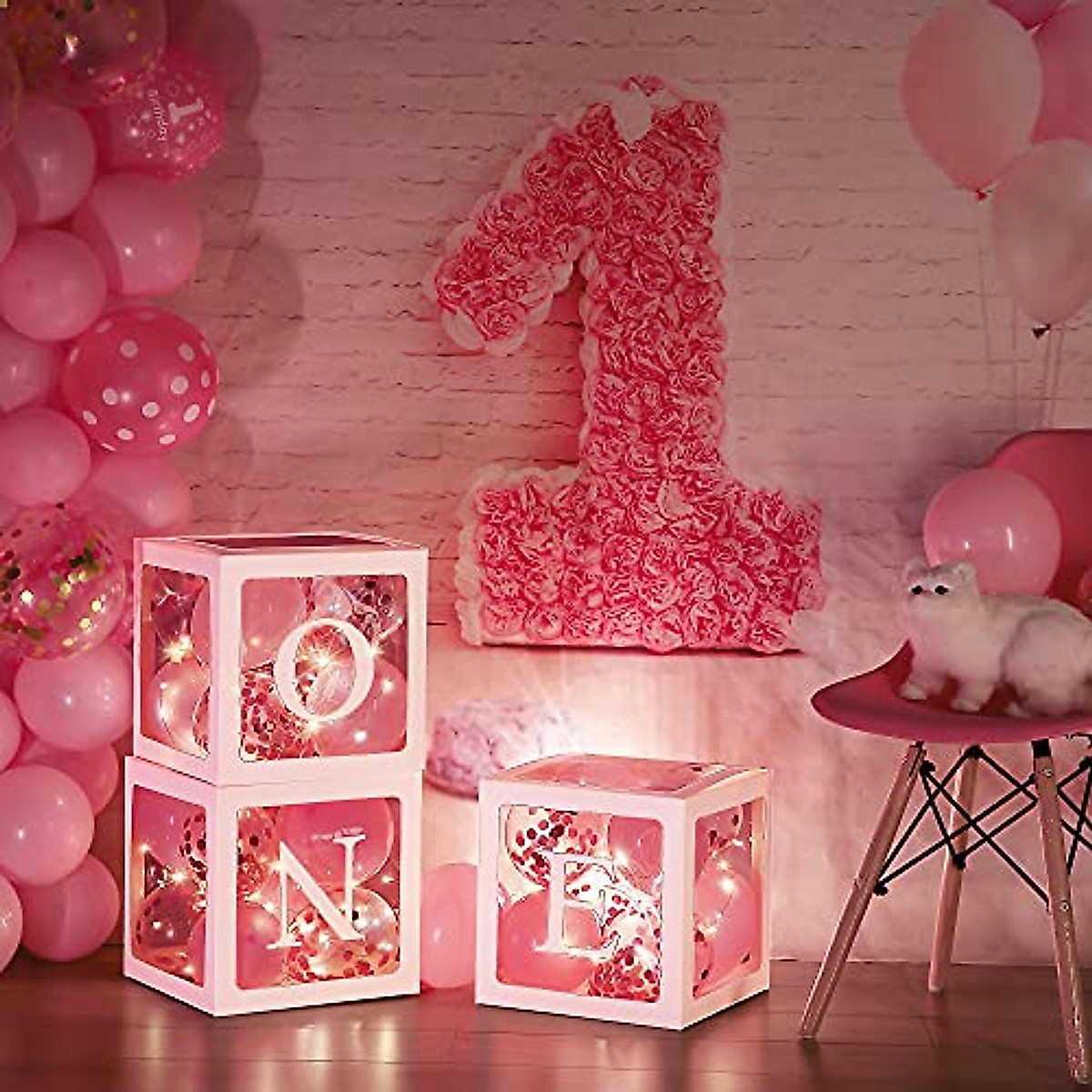 First Birthday Balloons Boxes, ONE Transparent White Balloon Blocks with 3 LED String Lights and 32 Balloons for Girl Boy Baby 1st Birthday Party Decorations Photo Shoot Prop (Pink)