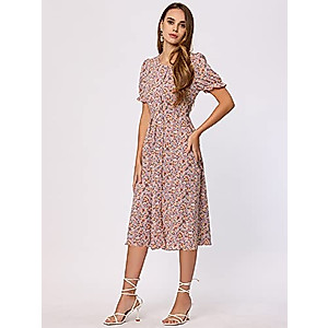 Allegra K Women's 2023 Floral Midi Dress Round Neck Ruffle Sleeve Button Down Shirtdress Large Purple