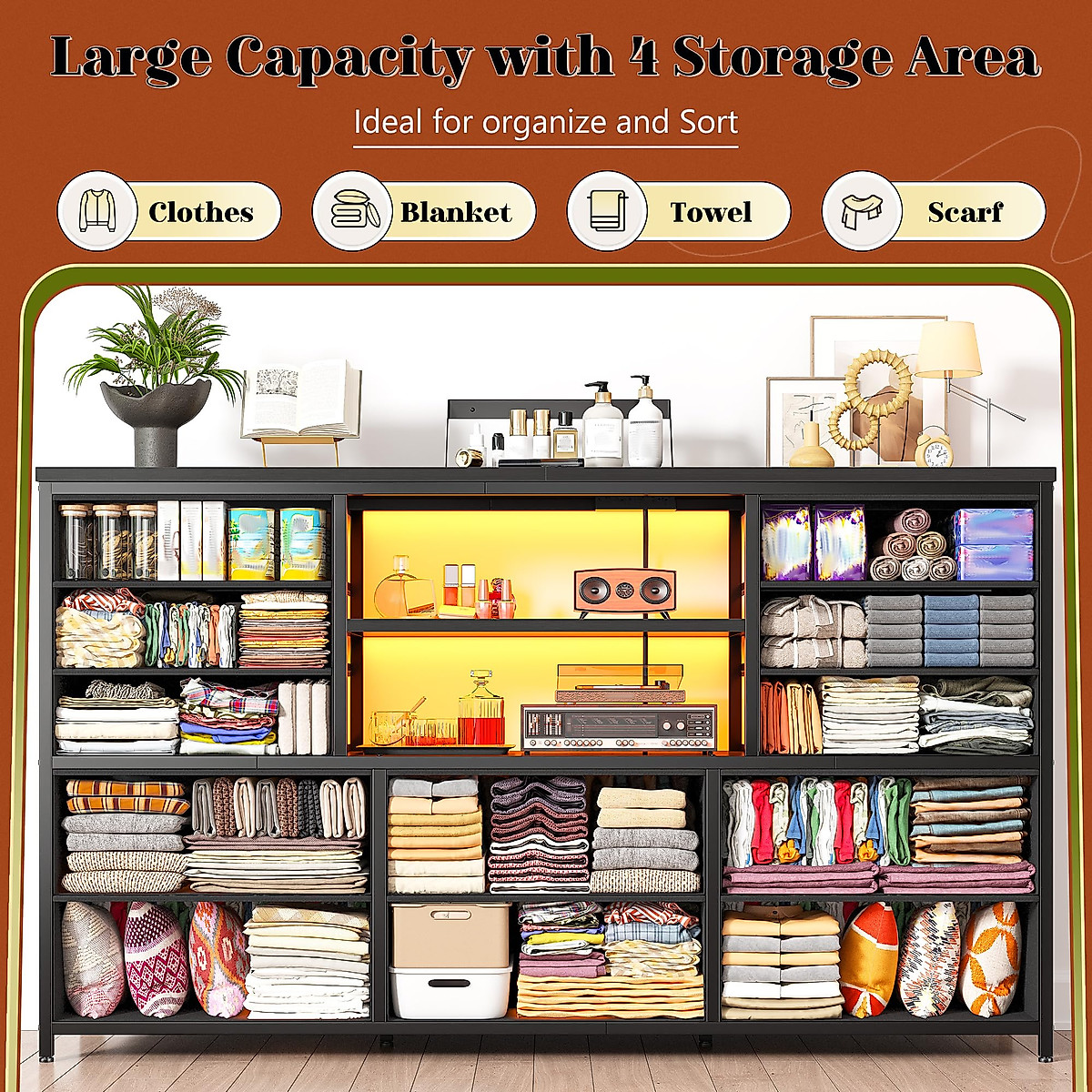 EnHomee Black Dresser with LED Lights & Power Outlets, 12 Drawers Dresser TV Stand for 60''TV for Bedroom Dresser Fabric Dressers & Chest of Drawers, Sturdy Long Dresser for Closet Living Room,Hallway