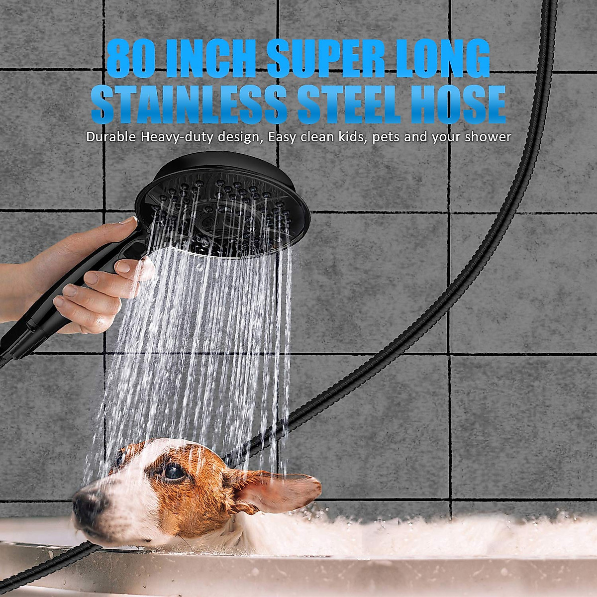 Handheld Shower Head, WASSERN High Pressure 6 Setting Rainfall Massage Water Saving Trickle Pause Extra Long 80'' Stainless Steel Hose Adjustable Bracket Brass Ball Joint 5.2'' Matte Black