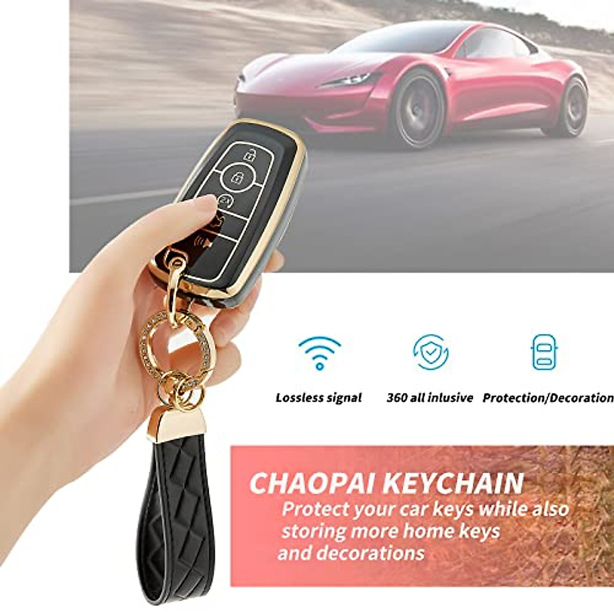 AKIYHIEI for Ford Key Fob Cover with Keychain, Key Shell Case for Ford Edge Escape Expedition Explorer Fusion Mustang Ranger F-150 F-250 Smart 3 4 5 Buttons (Black)