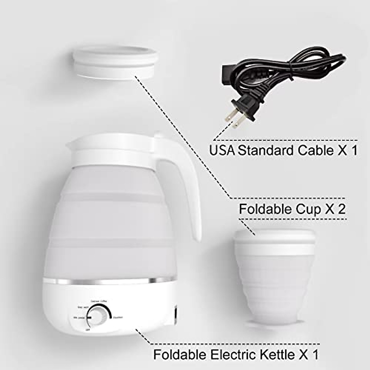 Foldable Electric Kettle, Travel Kettle with 2 Foldable Cup Set, Portable Boiler with Multiple Setting, Collapsible Heater for Water Milk Coffee Tea