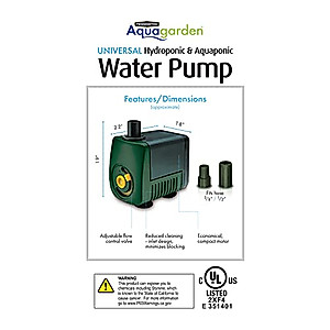 Pennington Aquagarden Aquagarden, Universal Hydroponic & Aquaponic Water Pump, Designed to Run Hydro/Aquaponic Systems, Aquariums, Fountains, Water Features, Max Flow 75 gal/hr, Max Pump Height 2’7”