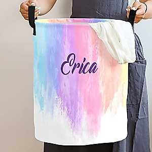 Rainbow Tie-dye Personalized Foldable Freestanding Laundry Basket Clothes Hamper with Handle, Custom Collapsible Storage Bin for Toys Bathroom Laundry