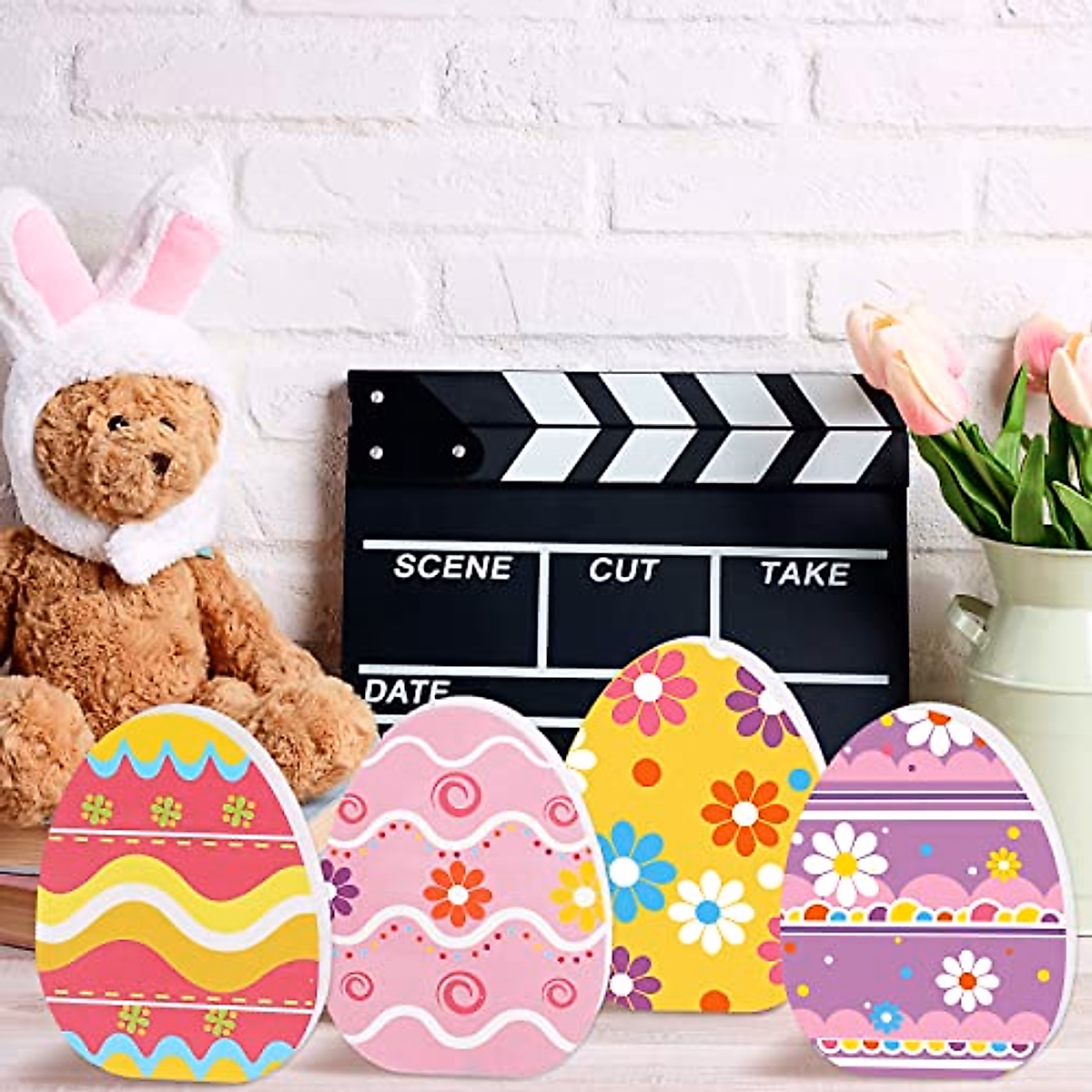 4Pcs Happy Easter Egg Table Wooden Sign Spring Egg Shape Wood Tabletop Decorations Reversible Double Printed Decor for Easter Party Desk Office Home Party Supplies Farmhouse Gift