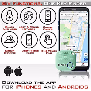 Bluetooth Key Finder – Key Locator Device with App, Siri Compatibility, & Extra Battery – Anti-Lost Keychain Tracker Device for Phone by Rinex- 2 Pack & Green and White