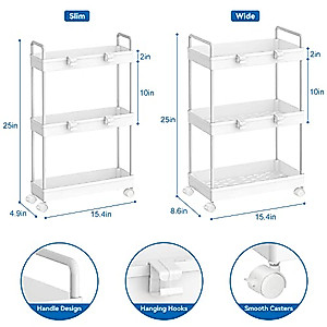 2 Pack 3 Tier Slim Storage Cart, Bathroom Organizer Laundry Room Organization Mobile Shelving Unit Slide Out Rolling Rack with Wheels for Kitchen Garage Office Small Apartment Narrow Space