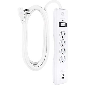 GE Surge Protector, 4 Outlets 2 USB Ports, Extra Long 8ft. Power Cord, White, 25798