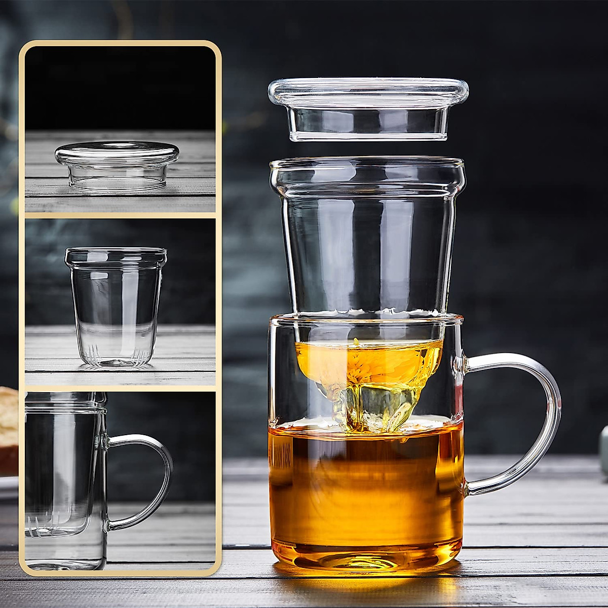 Unbreakable Glass Tea Cup with Infuser and Lid 500ml/17oz Glass Tea Infuser Mug Heat Resistant Silicate Glass Teacup with Strainer for Loose Leaf Blooming Tea Bag Gas Stovetop Safe