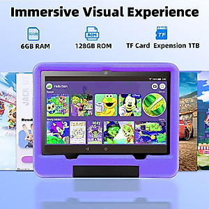 OUZRS Kids Tablet Android 12 Kid Tablet 128GB ROM 1TB Extensions 6GB RAM 6850mAh,5G Dual WiFi GSM Certification with Protective Case for 10 Inch Tablet Child's Learning and Entertainment(Purple)