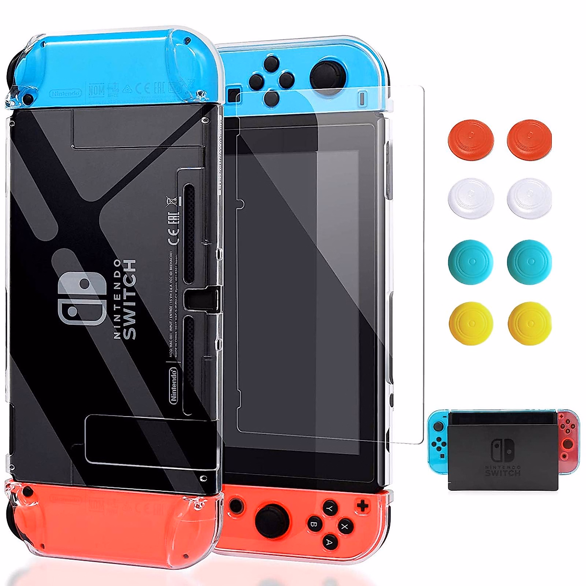 VEGCOO Switch Protective Case, Dockable Crystal Clear Shockproof Ergonomic Anti-Scratch Cover for Nintendo Switch with Glass Screen Protector & Thumb Grips Caps-Clear