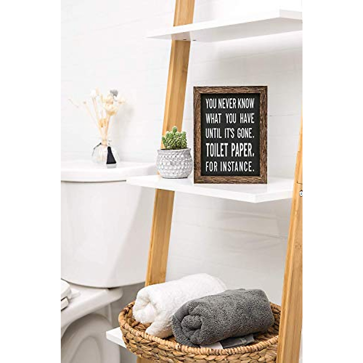 Mkono 1 Pcs Bathroom Decor Signs Farmhouse Rustic Box Sign Decorations Wooden Funny Bathroom Accessories Decor Signs for Shelves Both Sides with Sayings