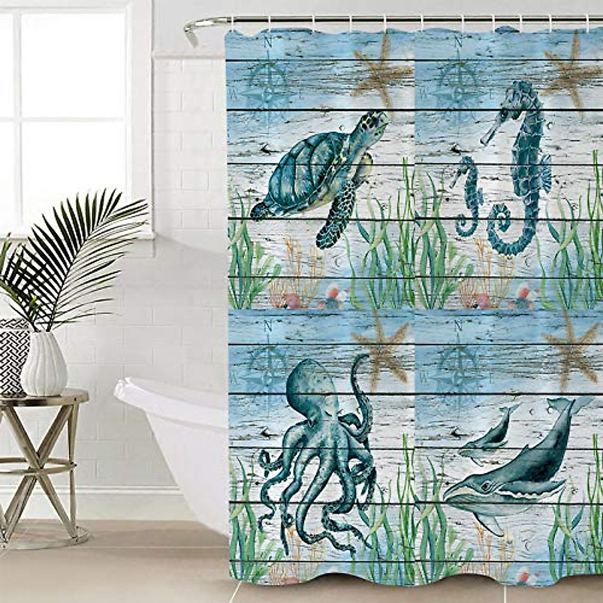 4 Pcs Shower Curtain Set with 12 Hooks Sea Turtle Octopus Whale Wood Grain Bathroom Sets with Non-Slip Bath Mat Toilet Lid Cover Waterproof Durable Shower Curtain and Rugs